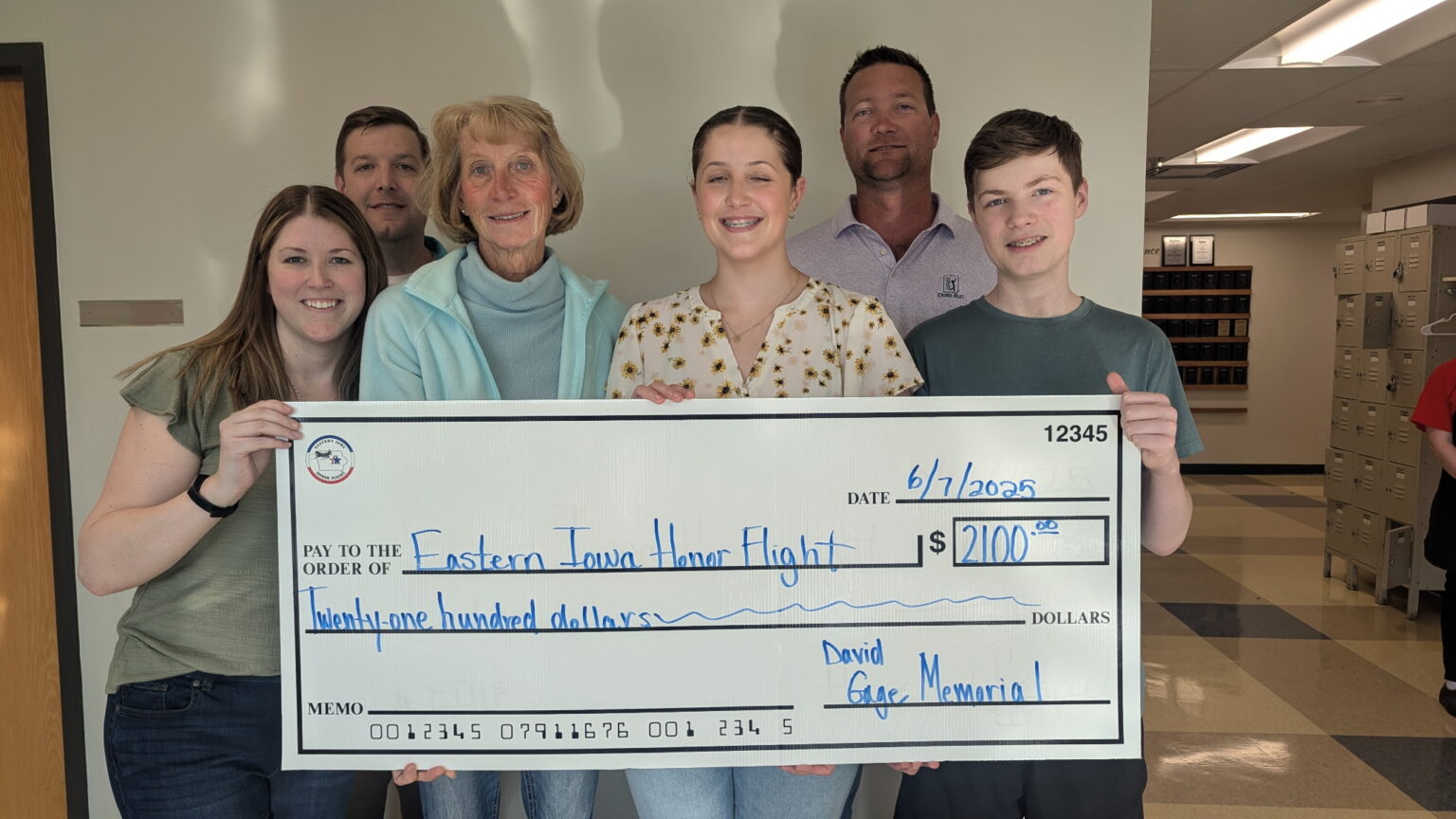 David Gage Memorial donates $2100.00 to the Eastern Iowa Honor Flight